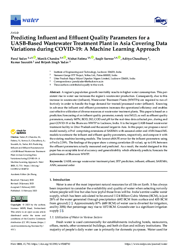 (PDF) Predicting Influent and Effluent Quality Parameters for a UASB-Based Wastewater Treatment ...