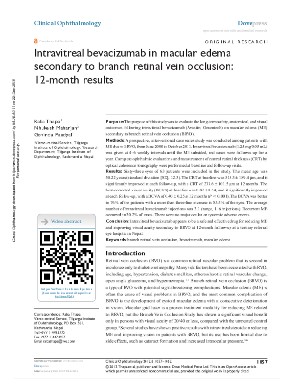 (PDF) Intravitreal bevacizumab in macular edema secondary to branch ...