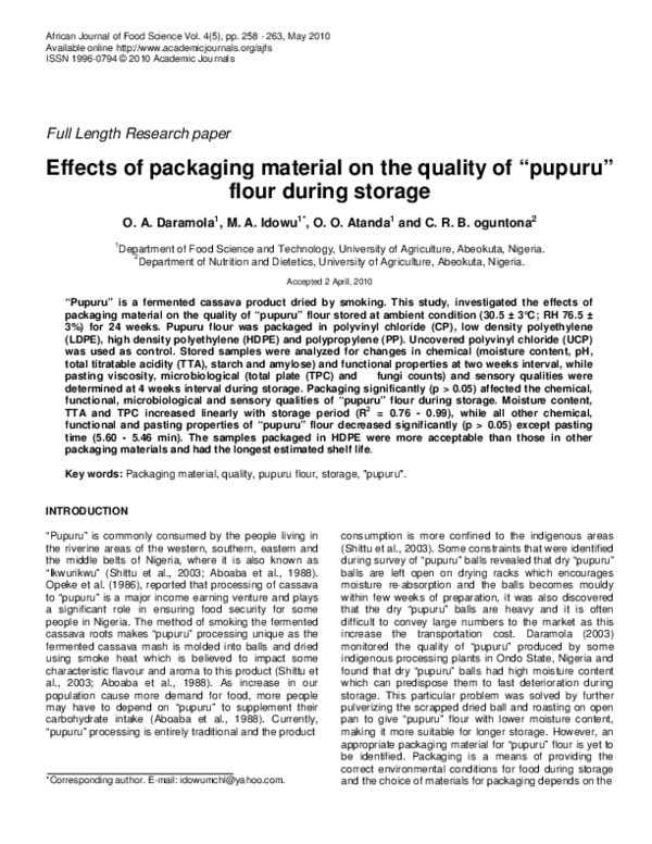 (PDF) Effects of packaging material on the quality of "pupuru" flour ...