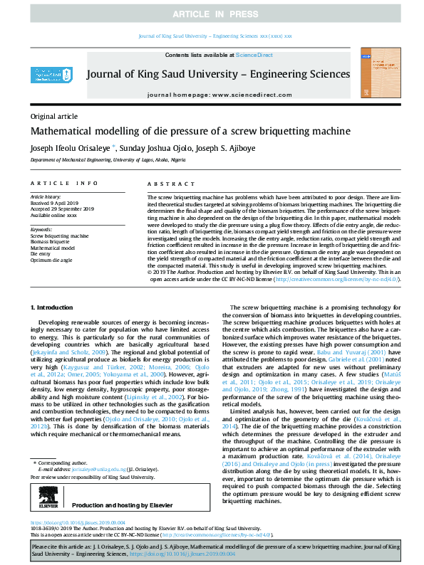 Pdf Mathematical Modelling Of Die Pressure Of A Screw Briquetting Machine
