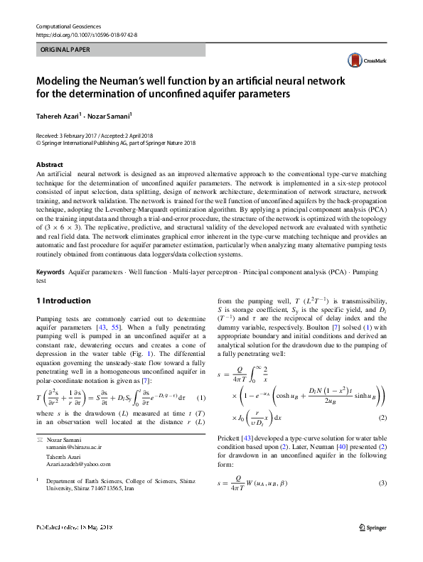 (PDF) Modeling the Neuman’s well function by an artificial neural network for the determination ...