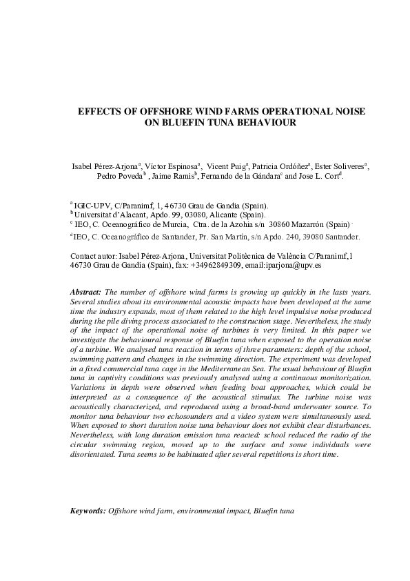 (PDF) Effects of offshore wind farms operational noise on Bluefin tuna ...