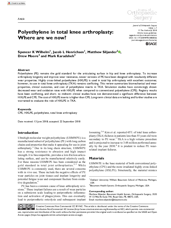(PDF) Polyethylene in total knee arthroplasty: Where are we now?