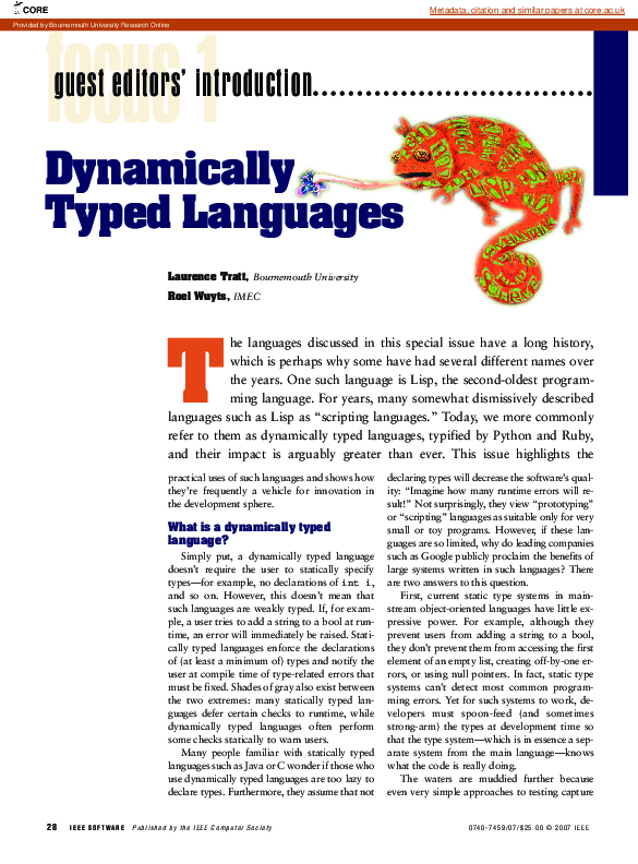 Pdf Guest Editors Introduction Dynamically Typed Languages