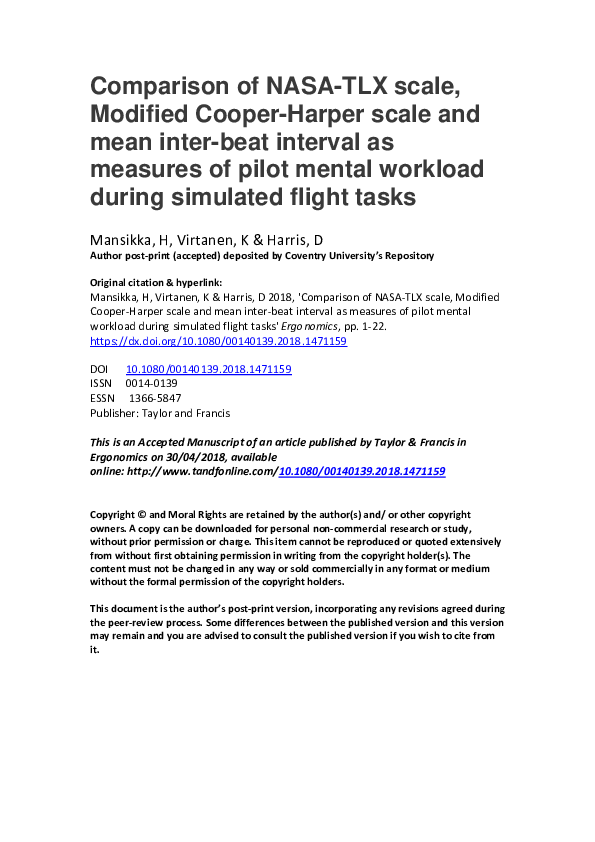 (PDF) Comparison of NASA-TLX scale, modified Cooper–Harper scale and ...