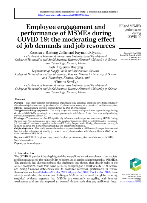 (PDF) Employee engagement and performance of MSMEs during COVID-19: the moderating effect of job ...