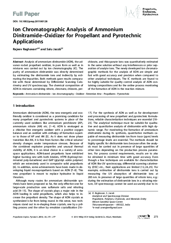 (PDF) Ion Chromatographic Analysis of Ammonium Dinitramide-Oxidizer for ...