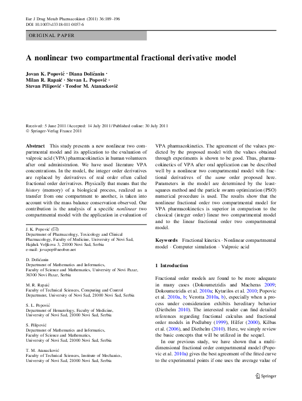 (PDF) A nonlinear two compartmental fractional derivative model