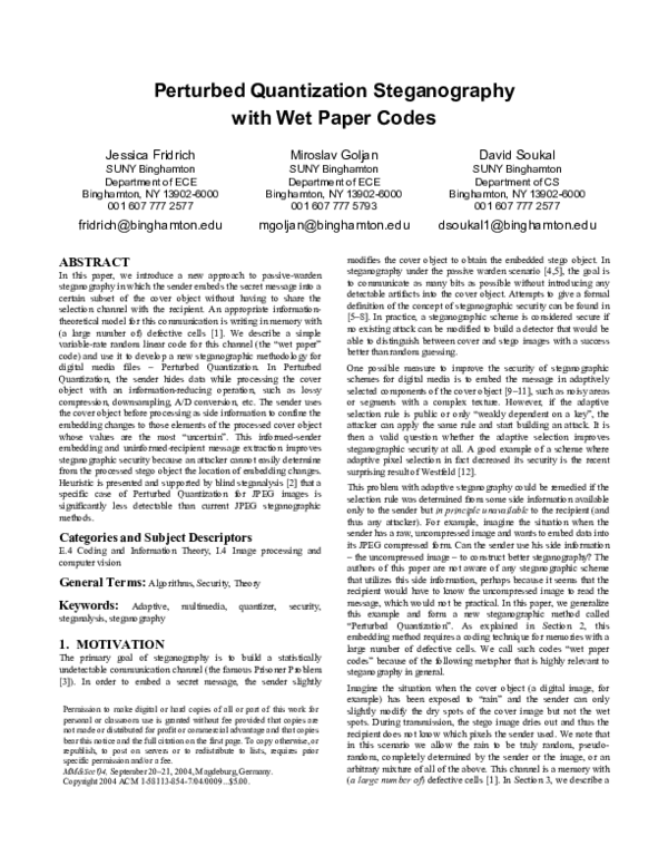(PDF) Perturbed quantization steganography with wet paper codes