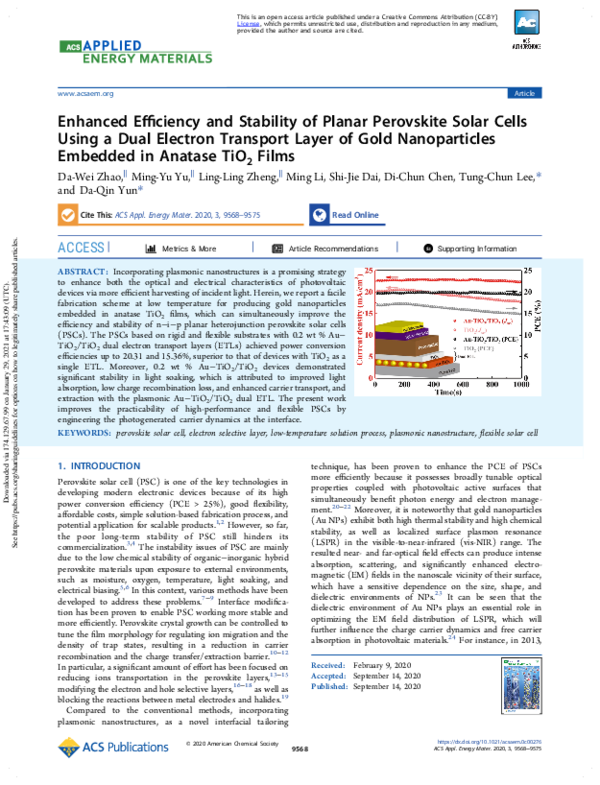 (PDF) Enhanced Efficiency and Stability of Planar Perovskite Solar Cells Using a Dual Electron ...