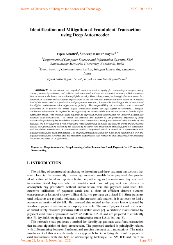 (PDF) Identification and Mitigation of Fraudulent Transaction using Deep Autoencoder