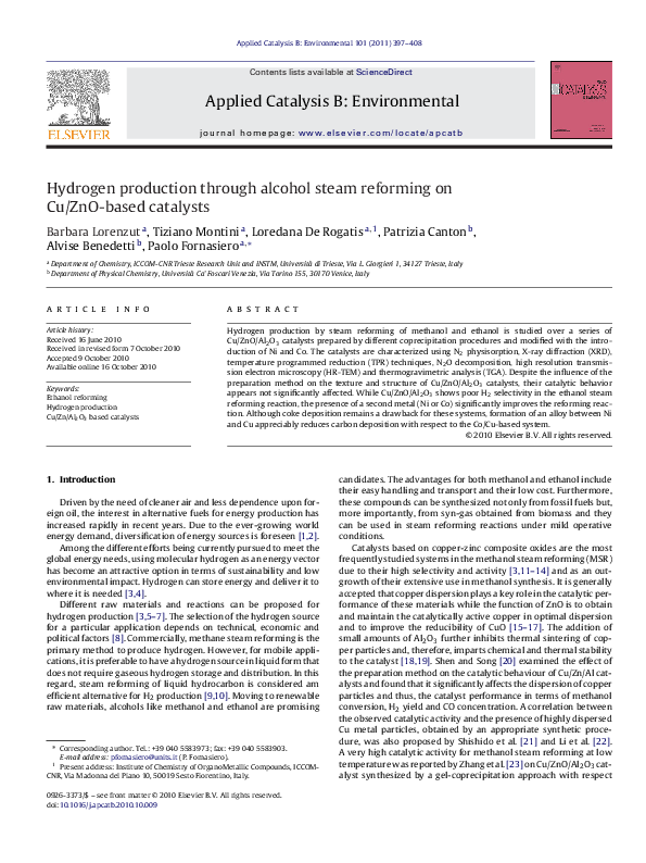 (PDF) Hydrogen production through alcohol steam reforming on Cu/ZnO ...