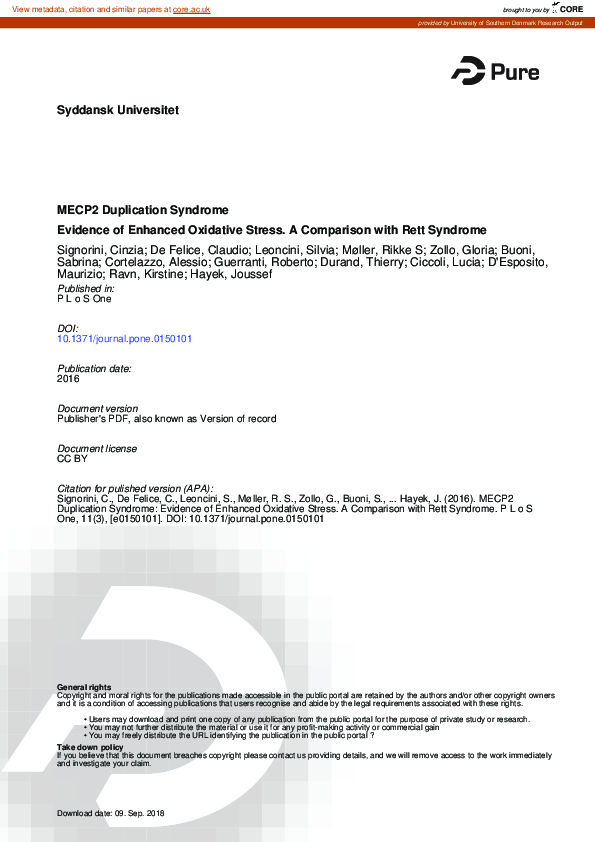 (PDF) Syddansk Universitet MECP 2 Duplication Syndrome Evidence of Enhanced Oxidative Stress . A ...