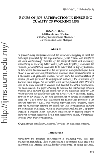 (PDF) Roles of Job Satisfaction in Ensuring Quality of Working Life