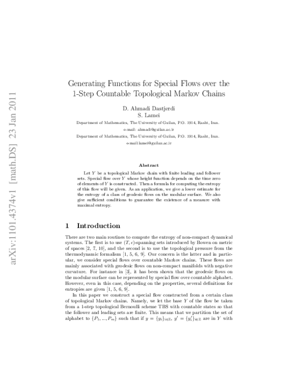 (PDF) 1 Generating Functions for Special Flows over the 1-Step Countable Topological Markov Chains