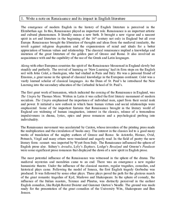 (DOC) Renaissance and its impact in English literature