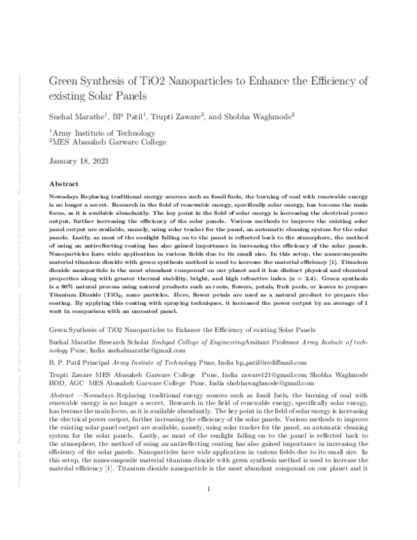 Pdf Green Synthesis Of Tio2 Nanoparticles To Enhance The Efficiency Of Existing Solar Panels