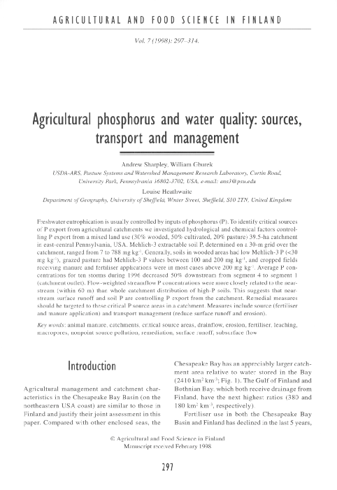 (PDF) Agricultural phosphorus and water quality: sources, transport and management