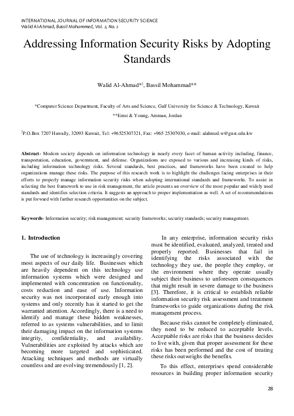 (PDF) Addressing Information Security Risks by Adopting Standards