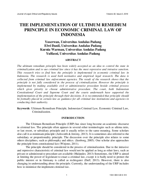 (PDF) The Implementation of Ultimum Remedium Principle in Economic ...