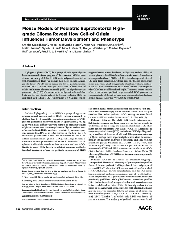 (PDF) Mouse Models of Pediatric Supratentorial High-grade Glioma Reveal ...