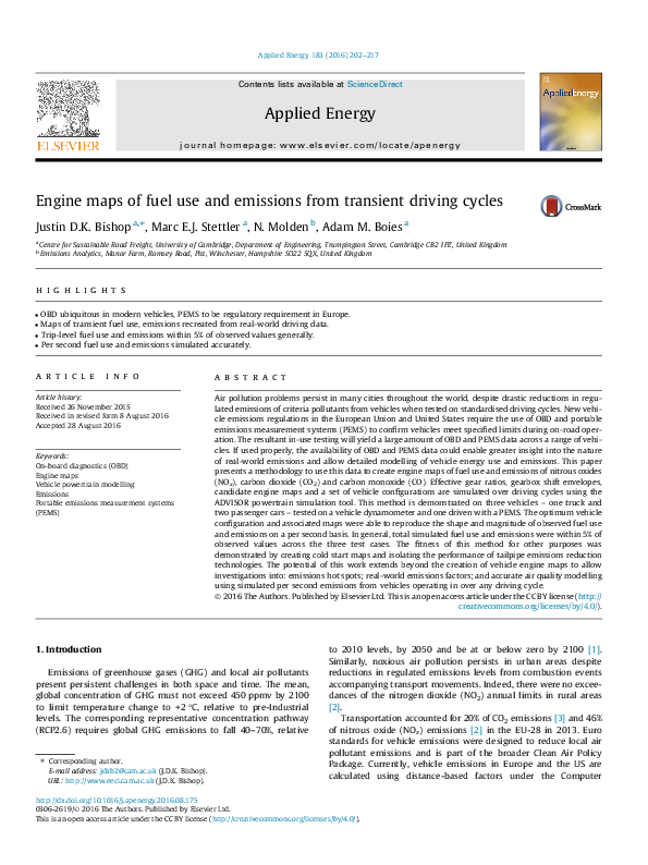 (PDF) Engine maps of fuel use and emissions from transient driving cycles