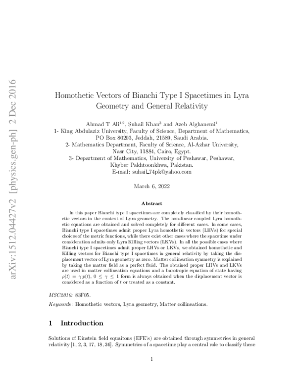(PDF) Homothetic Vectors of Bianchi Type I Spacetimes in Lyra Geometry ...