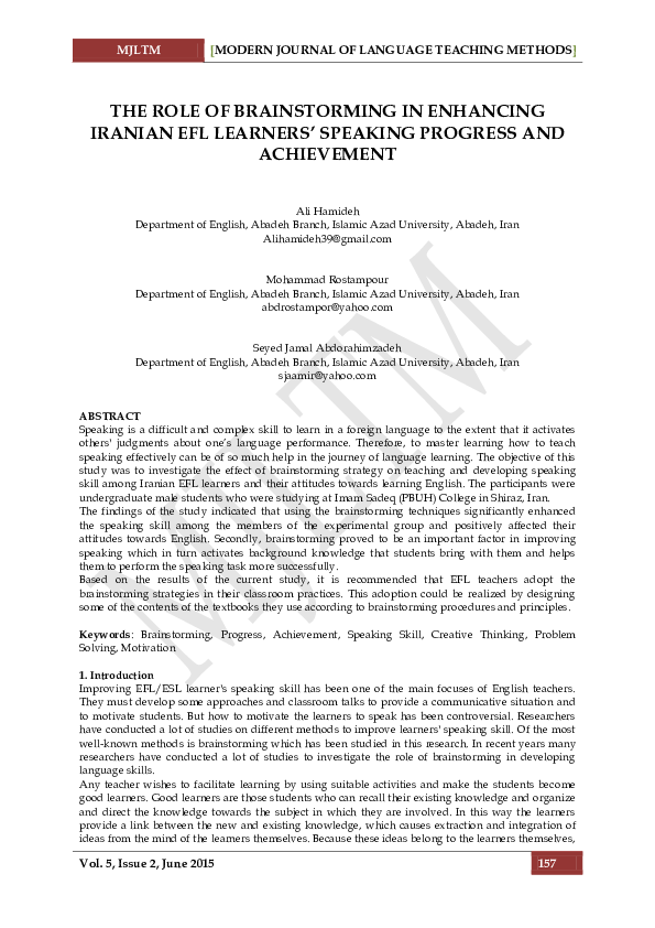 (PDF) The Role of Brainstorming in Enhancing Iranian Efl Learners ...
