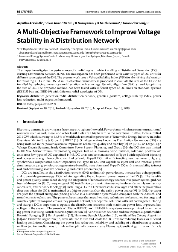 (PDF) A Multi-Objective Framework to Improve Voltage Stability in A Distribution Network