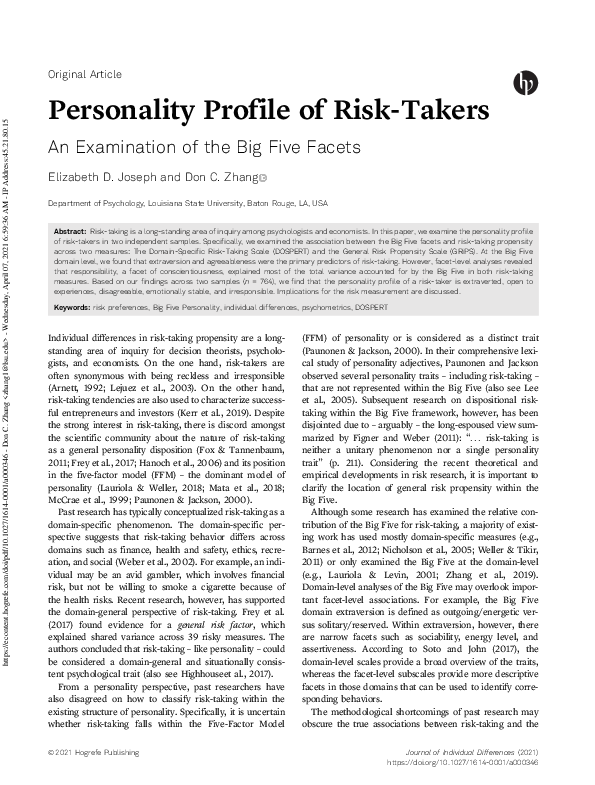 (PDF) Personality Profile of Risk-Takers An Examination of the Big Five ...