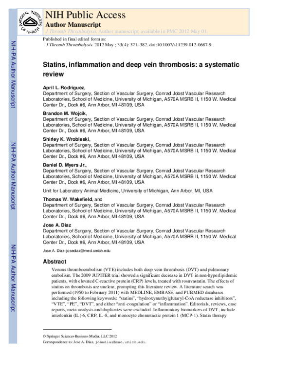 Pdf Statins Inflammation And Deep Vein Thrombosis A Systematic Review