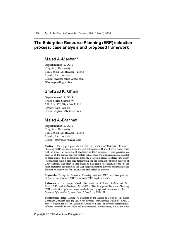 (PDF) The Enterprise Resource Planning (ERP) selection process: case analysis and proposed framework