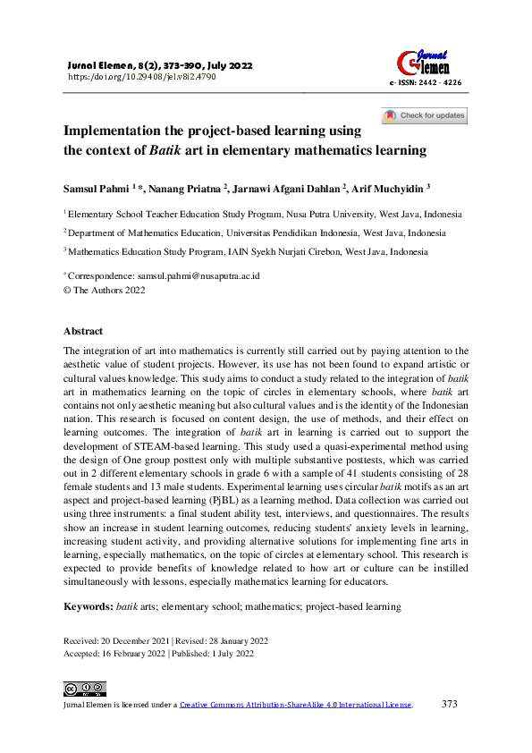 (PDF) Implementation the project-based learning using the context of Batik art in elementary ...
