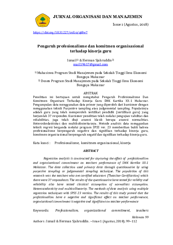(PDF) Pengaruh profesionalisme dan komitmen organisasional terhadap kinerja guru