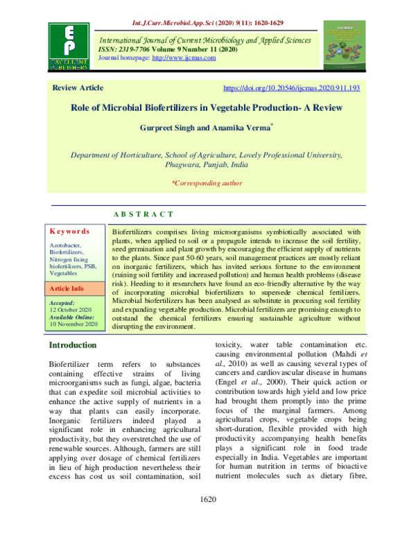 (PDF) Role of Microbial Biofertilizers in Vegetable Production- A Review