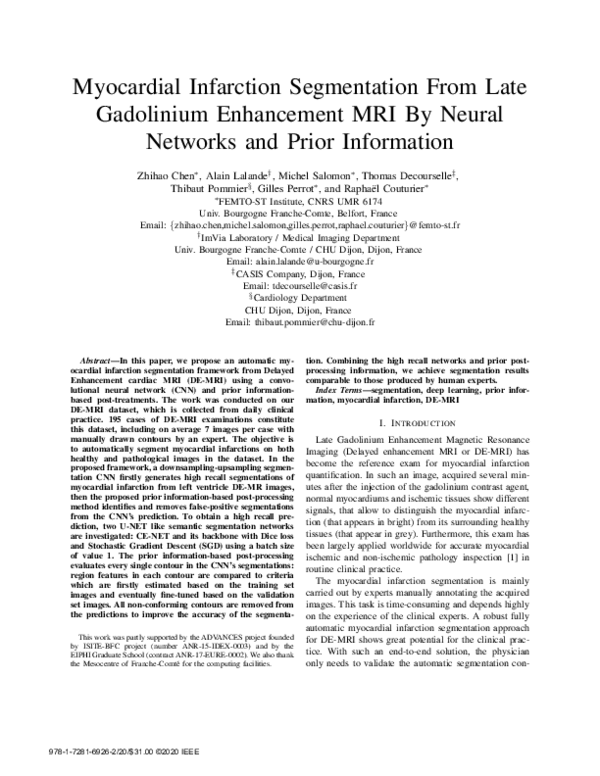 (PDF) Myocardial Infarction Segmentation From Late Gadolinium Enhancement MRI By Neural Networks ...