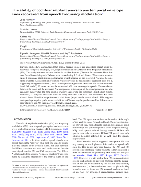 Pdf The Ability Of Cochlear Implant Users To Use Temporal Envelope Cues Recovered From Speech