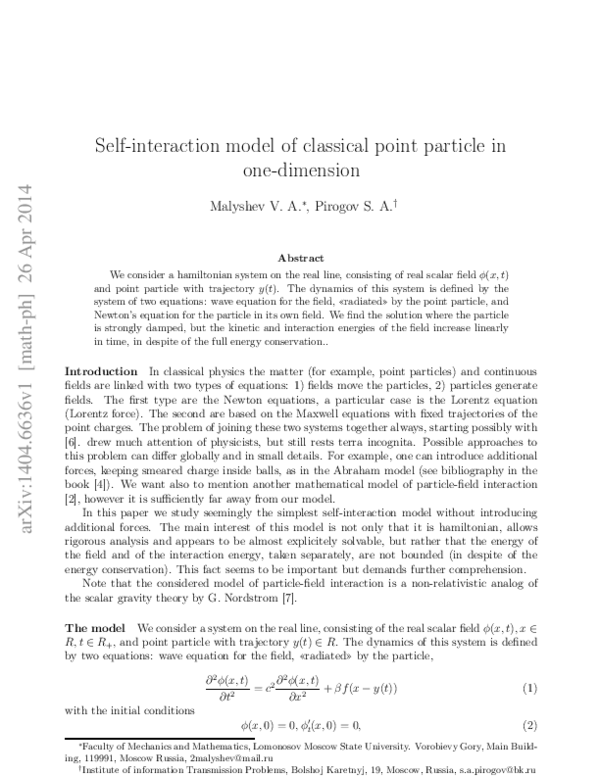 (PDF) Self-interaction model of classical point particle in one-dimension