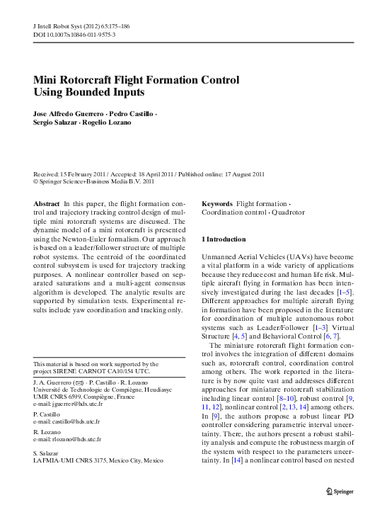 (PDF) Mini Rotorcraft Flight Formation Control Using Bounded Inputs