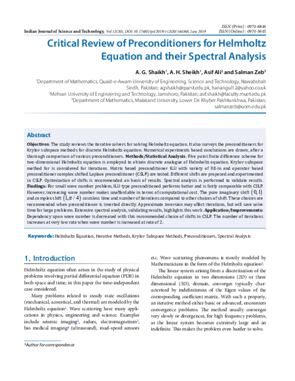 (PDF) Critical Review of Preconditioners for Helmholtz Equation and their Spectral Analysis