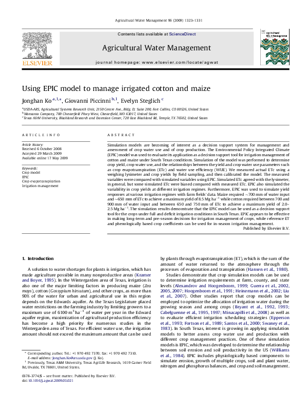 (PDF) Using EPIC model to manage irrigated cotton and maize