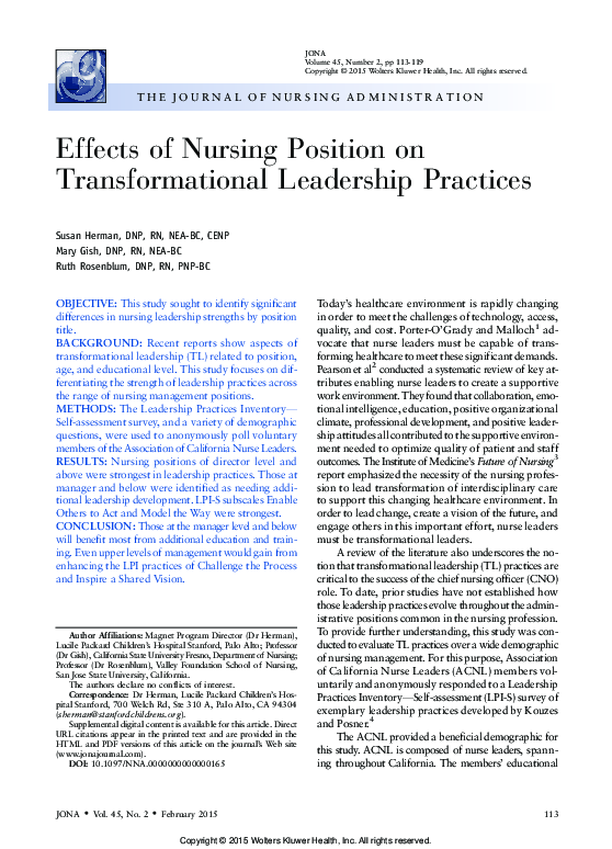 (PDF) Effects of nursing position on transformational leadership practices