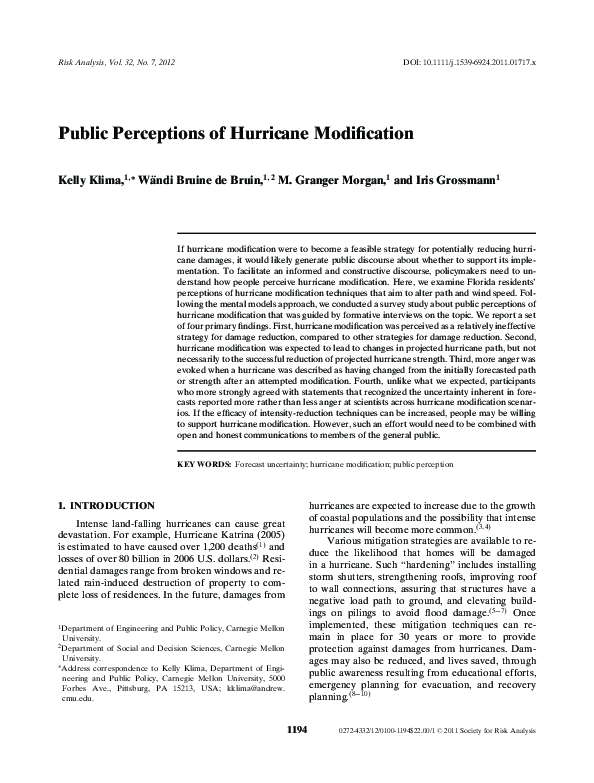 (PDF) Public Perceptions of Hurricane Modification