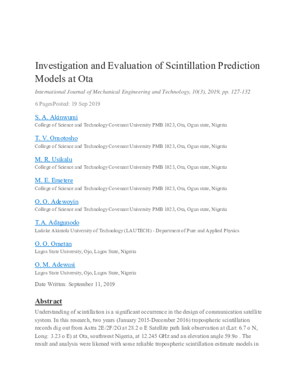 (PDF) Investigation and Evaluation of Scintillation Prediction Models at Ota