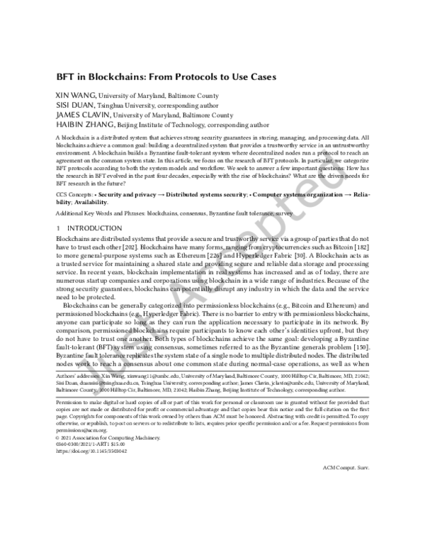 (PDF) BFT in Blockchains: From Protocols to Use Cases