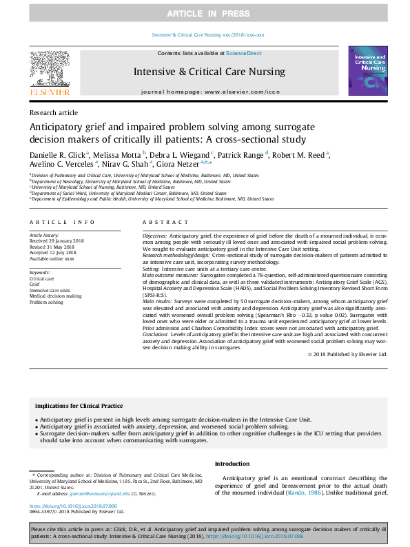 (PDF) Anticipatory grief and impaired problem solving among surrogate ...
