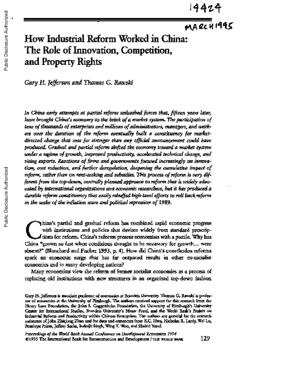 (PDF) How Industrial Reform Worked in China: The Role of Innovation ...