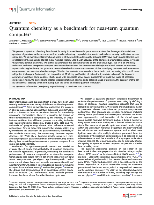 (PDF) Quantum chemistry as a benchmark for near-term quantum computers