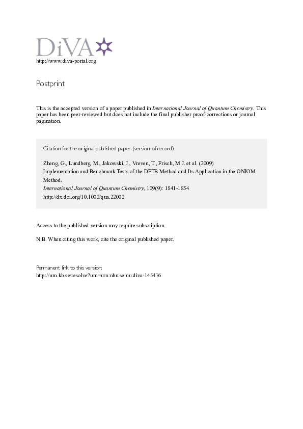 Pdf Implementation And Benchmark Tests Of The Dftb Method And Its Application In The Oniom Method