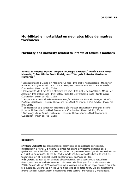 (PDF) Morbidity and mortality related to infants of toxemic mothers
